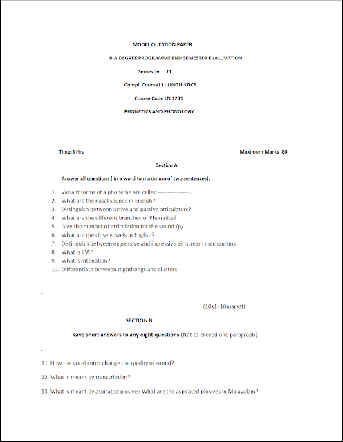 Kerala University B.A Phonetics And Phonology 2017 Question Paper ...