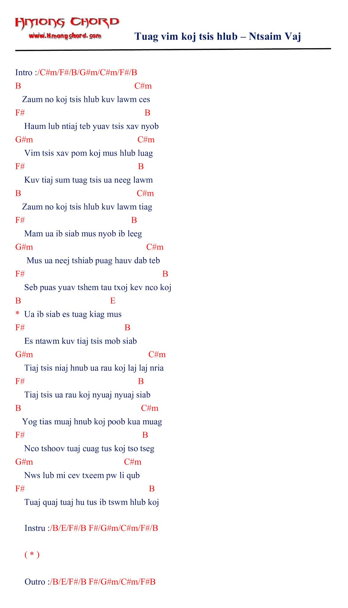 Hmong Chords: Tuag vim koj tsis hlub – Ntsaim Vaj [Lyrics & Guitar Chord]