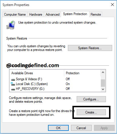 Create System Restore Point in Windows 10 - Coding Defined