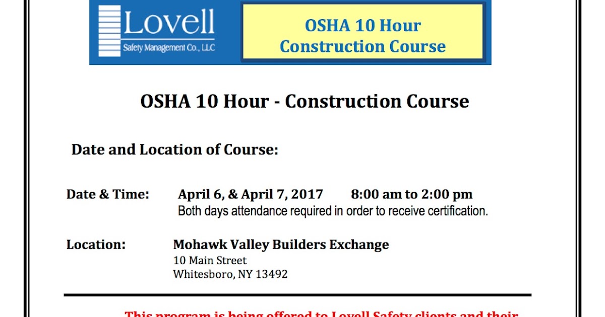 Safety Pays: OSHA 10 Hour Course April 6 & April 7 In Whitesboro, NY