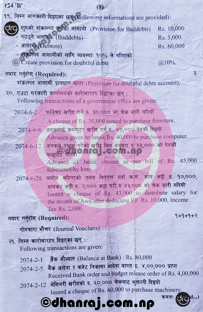 Principles Of Accounting-I | Grade 11-XI | Question Paper 2076 [2019 ...