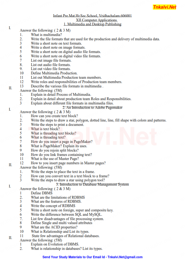 12th Standard Computer Applications Reduced Syllabus Important Questions Mrs R Rajeswari