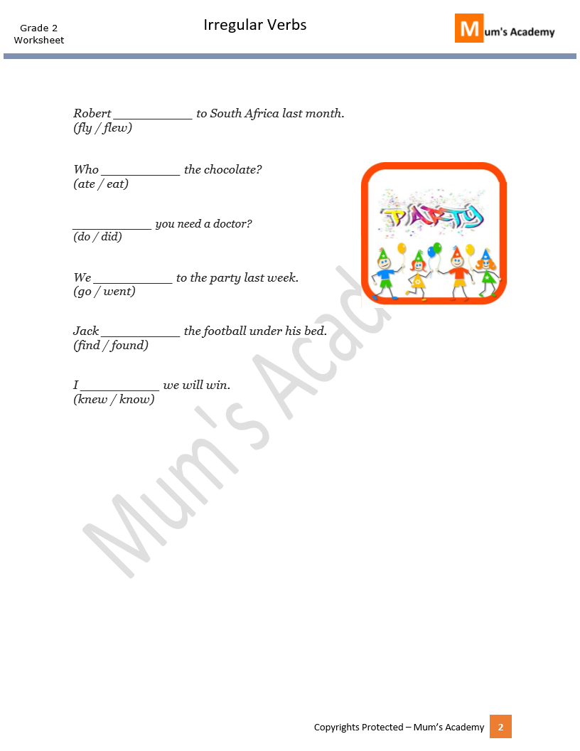 Grade 2 - Worksheet - Irregular Verbs - Mum's Academy