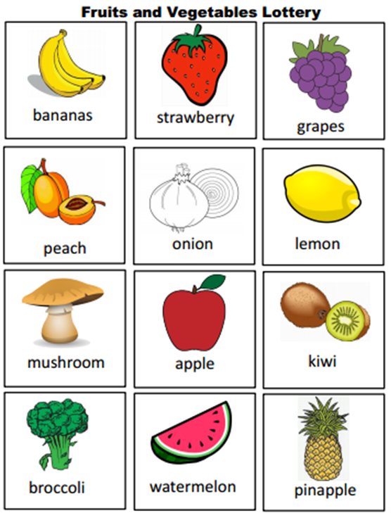 Fruits and vegetables lottery ~ Lotería de frutas y verduras en inglés