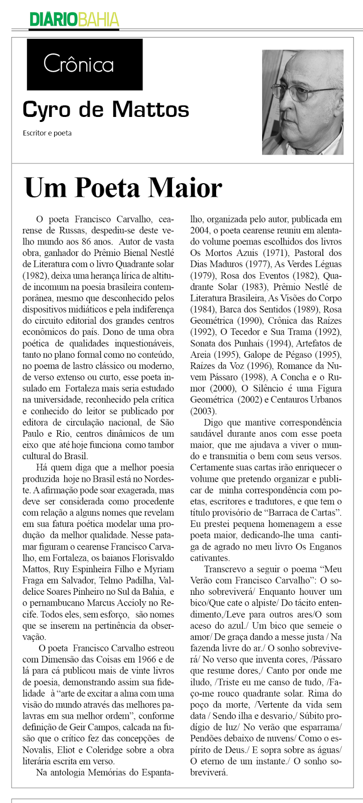 Literatura e vida: Cyro de Mattos: Fevereiro 2015