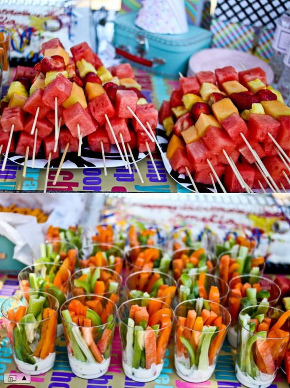 fruit skewers and veggie cups with ranch dip - vegan recipe box