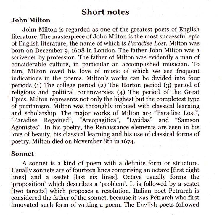 Short Notes (On His Blindness - John Milton) - English Grammar A To Z