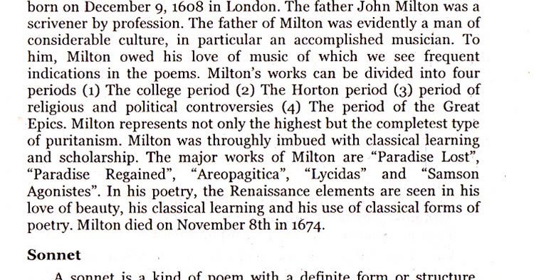 Short Notes (On His Blindness - John Milton) - English Grammar A To Z