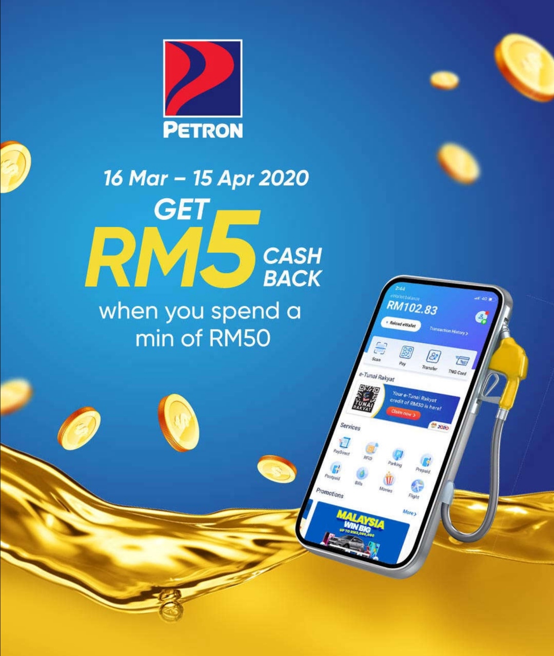 在Petron用TNG eWallet打油，可获得RM5现金回扣