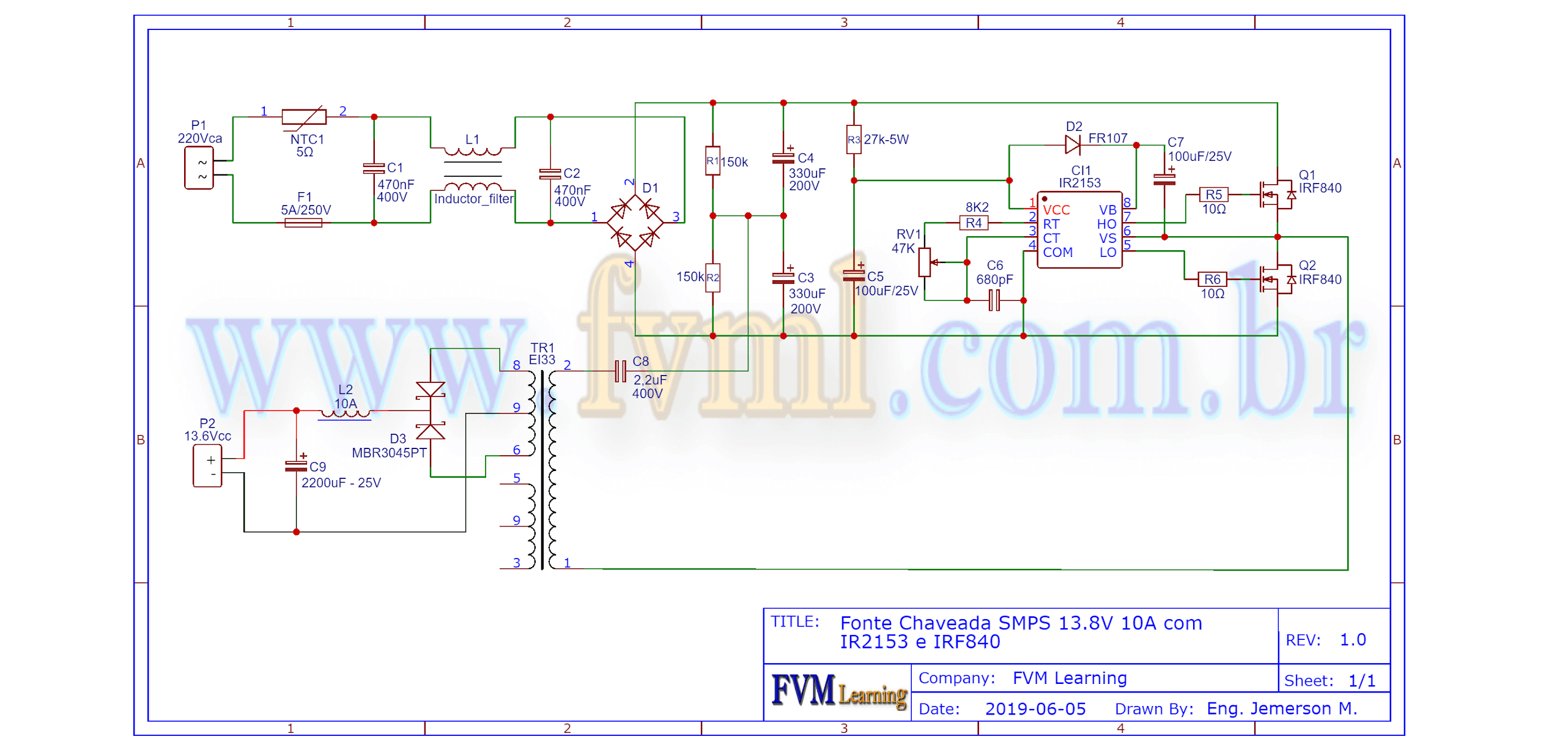 Fonte Chaveada SMPS 13.8V 10A com IR2153 e IRF840 + PCI - FVML