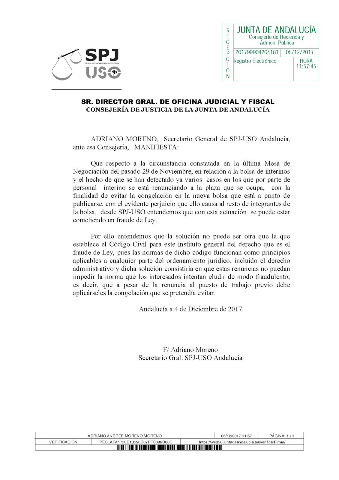 SPJ-USO ANDALUCÍA.: SPJ-USO: Escrito referente a congelación de interinos.