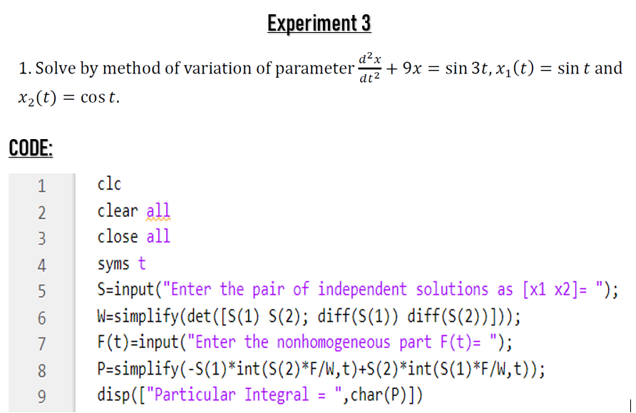 MATLAB EXPERIMENTS - SOLUTION OF DE USING METHOD OF VARIATION OF ...