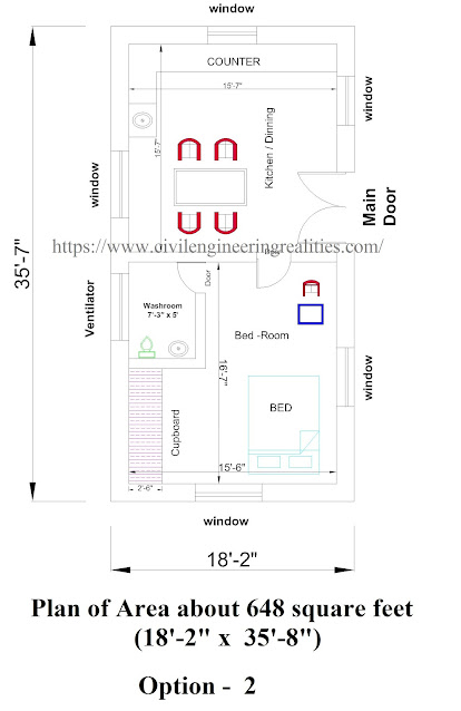 Plan of the area about 648 square feet - 18'-2" x 35'-8"