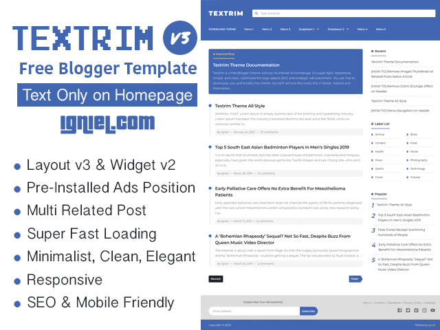 Download Free Textrim V3 Template Blogger Redesign Igniel Terbaru - Original - Jelita Kristal