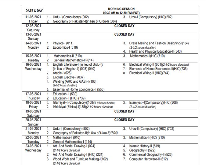 FBISE DATE SHEET 2021 SSC I & SSC II-DATE SHEET CLASS 9TH and CLASS 10 ...