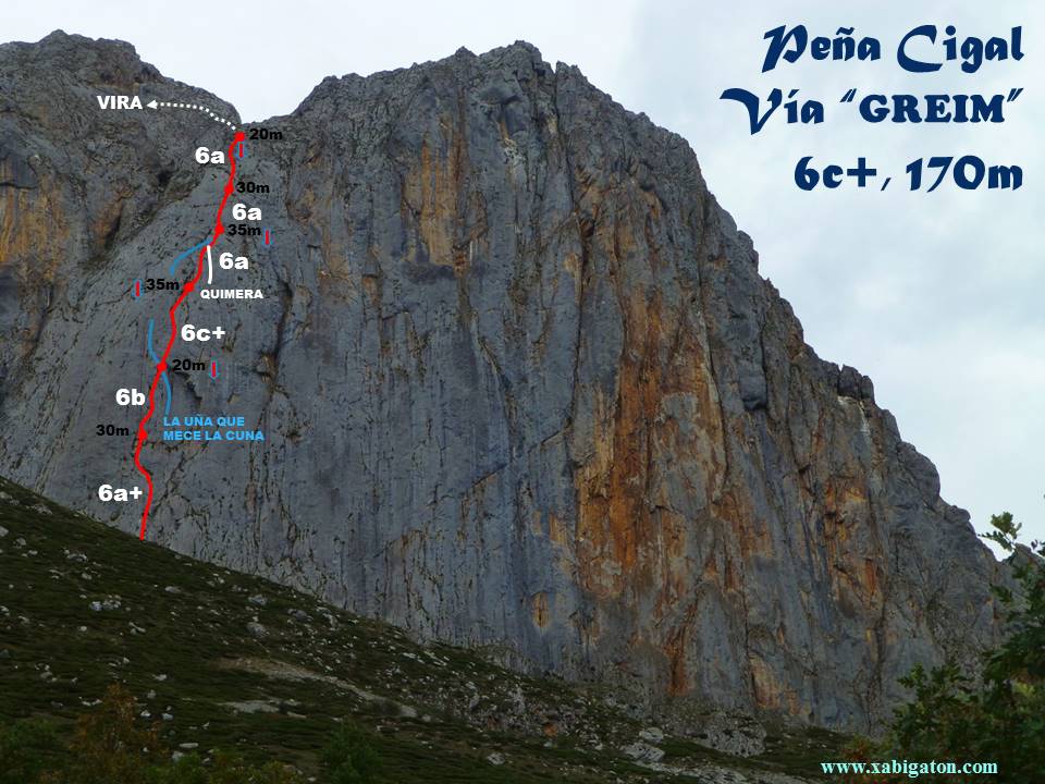 "HOKUS POKUS": Peña Cigal; Cara SW. Vía "GREIM" (6c+, 170m).