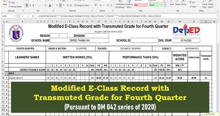Modified E-Class Record with Transmuted Grade for Fourth Quarter | DEPEDTAMBAYANPH