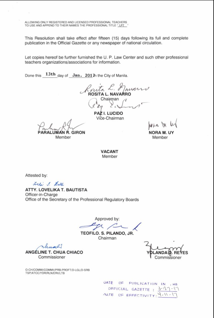 tSoKtOk: Licensed Teachers to Affix "LPT" to Their Names