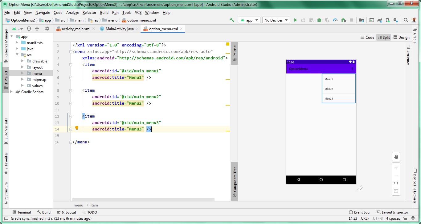 How to create an options menu in Android Studio?