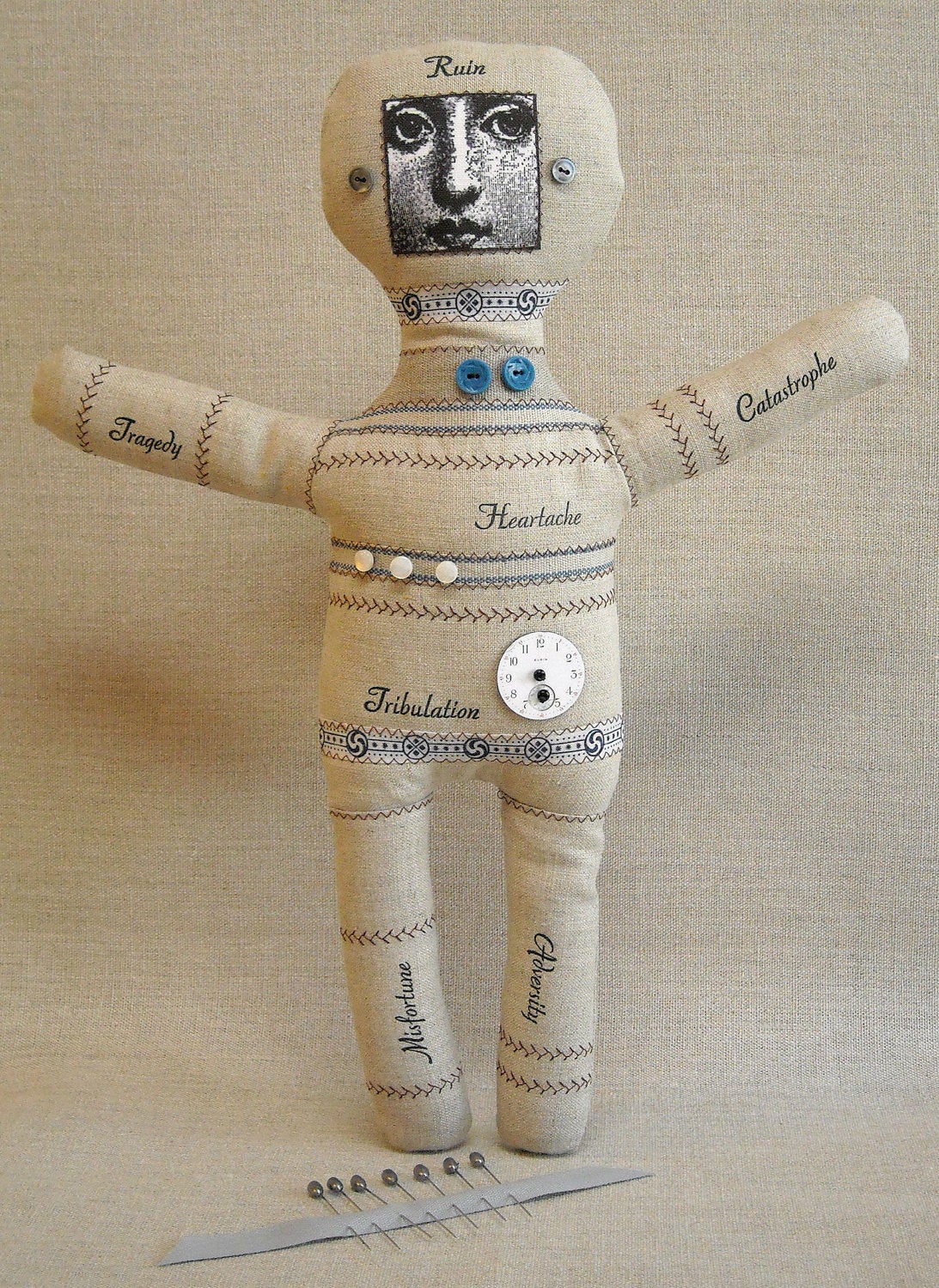 Linen Voodoo Dolls Featuring Button & Trinket Collage