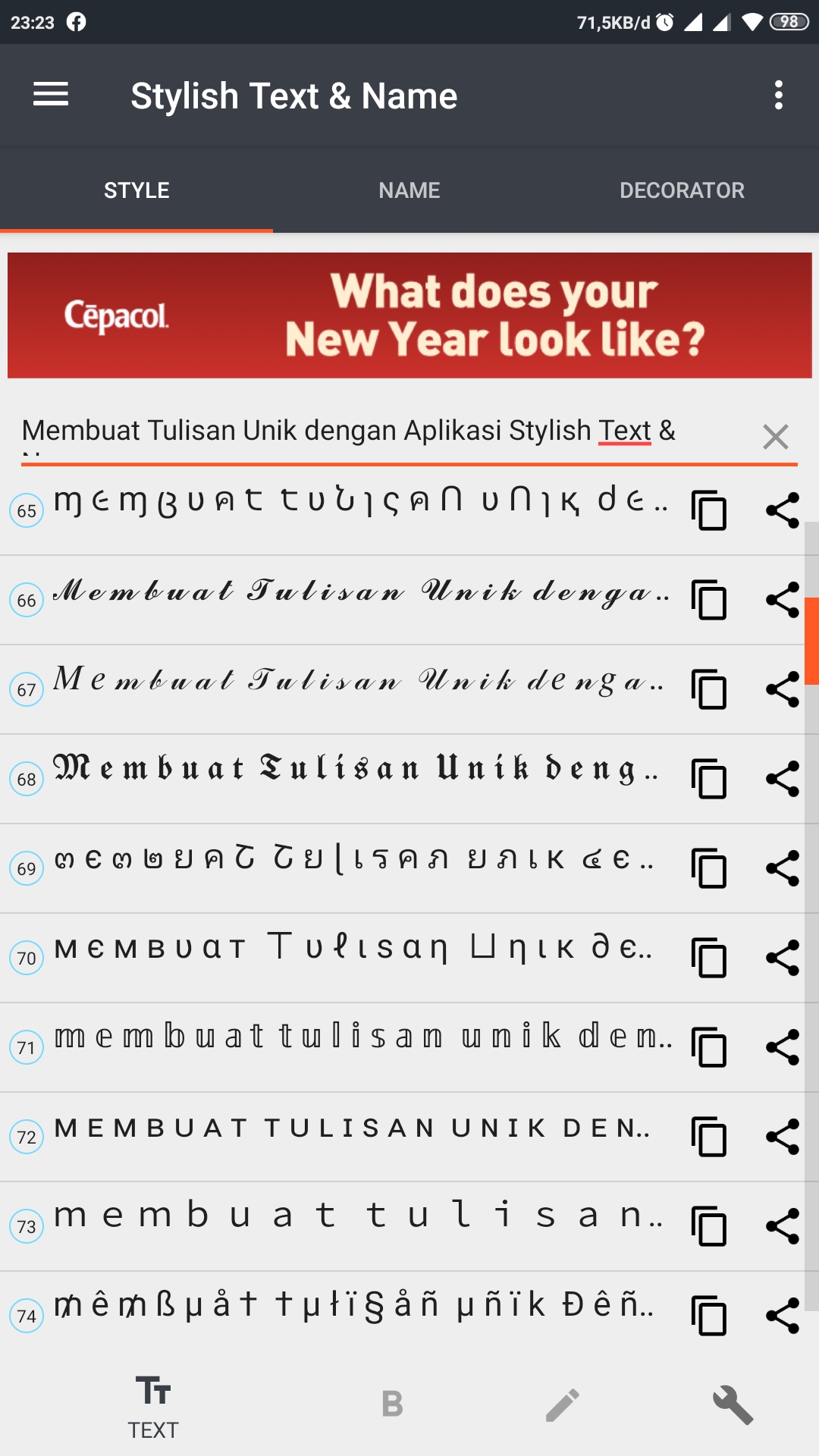 Membuat Teks Unik Dan Dekorasi Teks dengan Aplikasi Stylish Text & Name