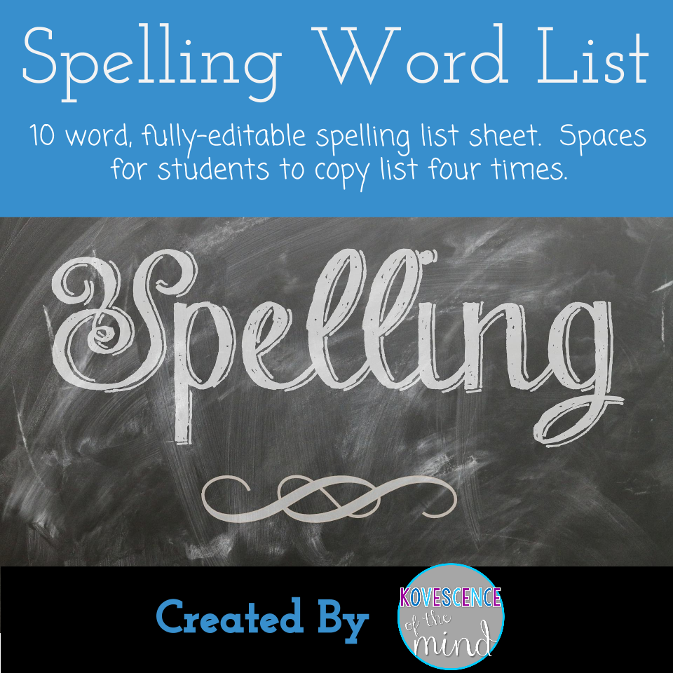 Freebie Friday: Spelling/Vocabulary Word List Form | Kovescence of the Mind