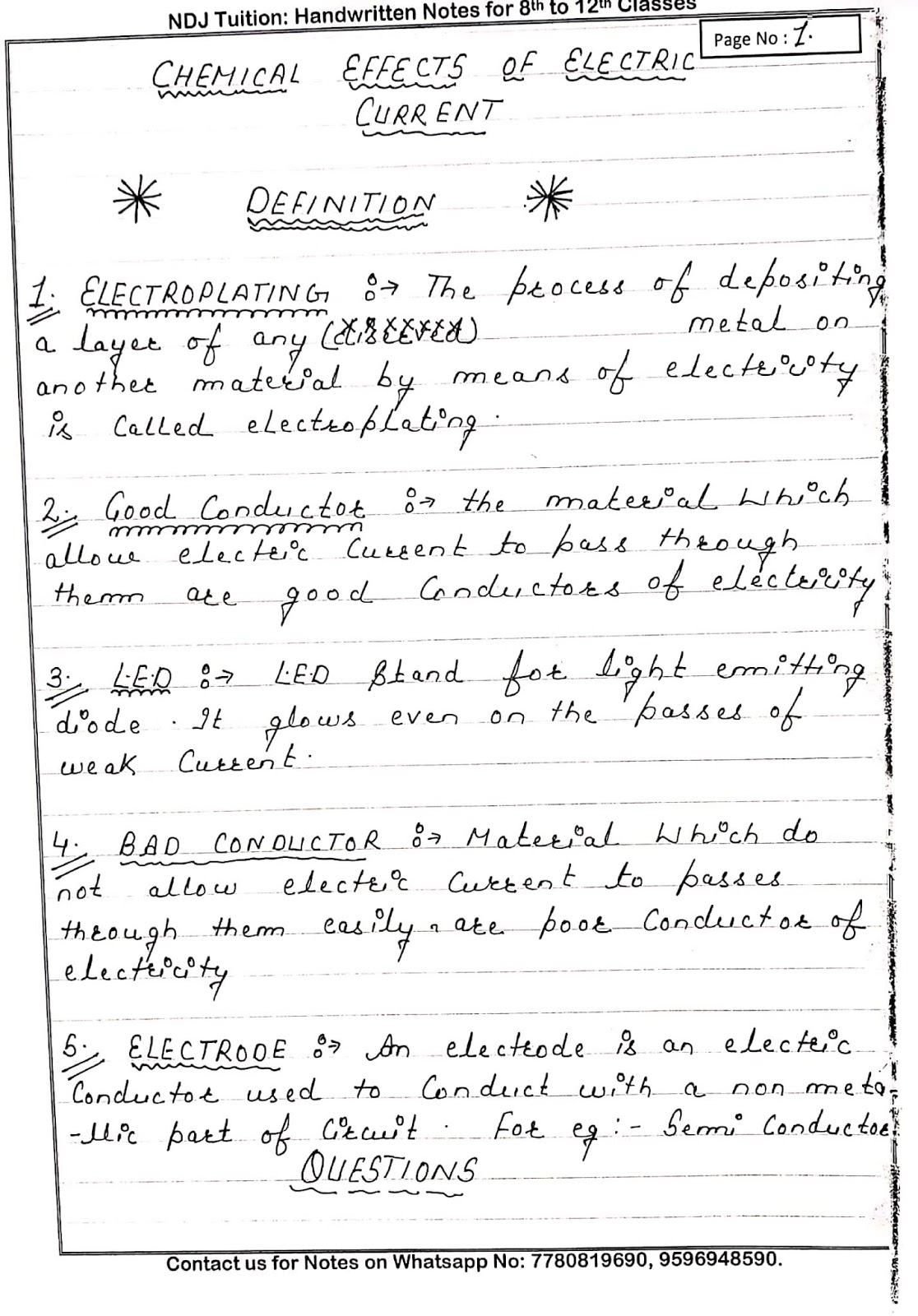 Chemical Effect of Electric Current Handwritten Notes for 8th Class Science