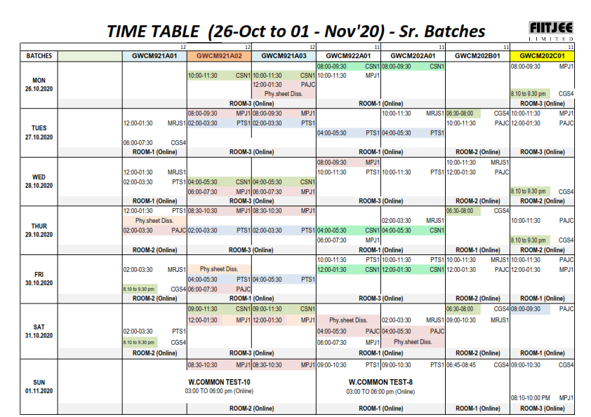 TIME TABLE (26-Oct to 01-Nov'20) ~ FIITJEE Limited - For IIT-JEE