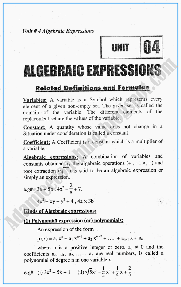 Adamjee Coaching: Algebraic Expressions - Definitions and Formulae ...