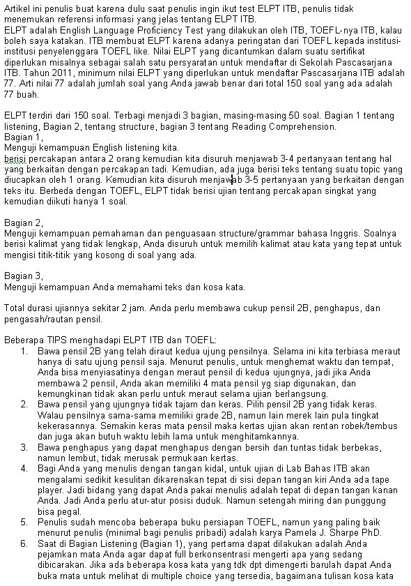 ROTATING ENGINEER: Sekilas Tentang Tes ELPT ITB (TOEFLnya ITB)