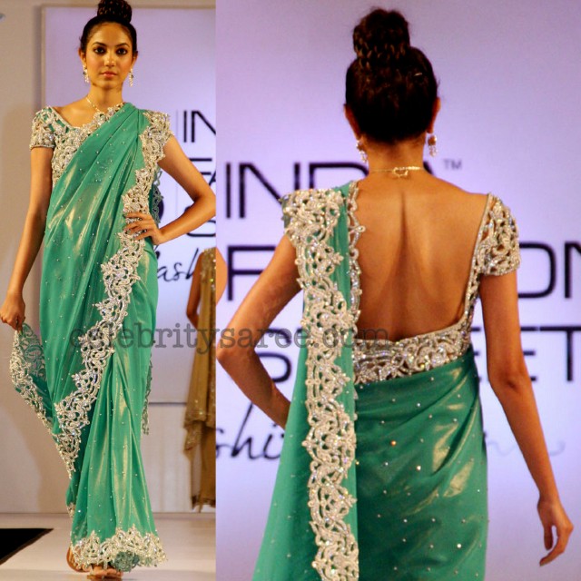 Green Net Saris with Back Neck Blouses - Saree Blouse Patterns