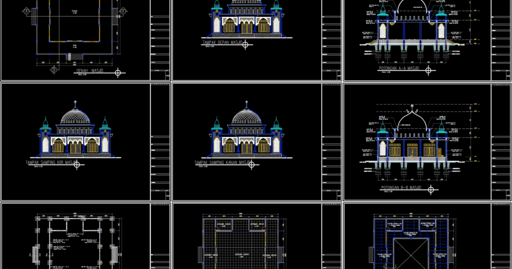 Download Desain AutoCad Masjid Ukuran 18 m x 18 m