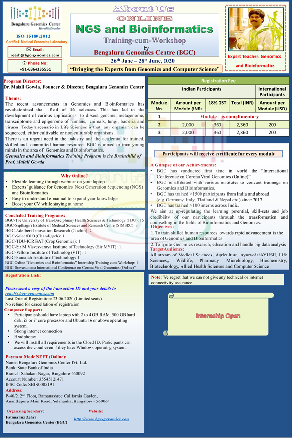 Bengaluru Genomics Centre Offering Online "NGS & Bioinformatics" Training-cum-Workshop | 26-28 ...