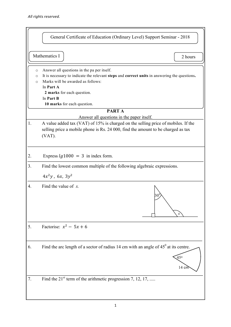 Grade 11_EM_Maths I_2018_ Model Paper - www.lkedu.lk