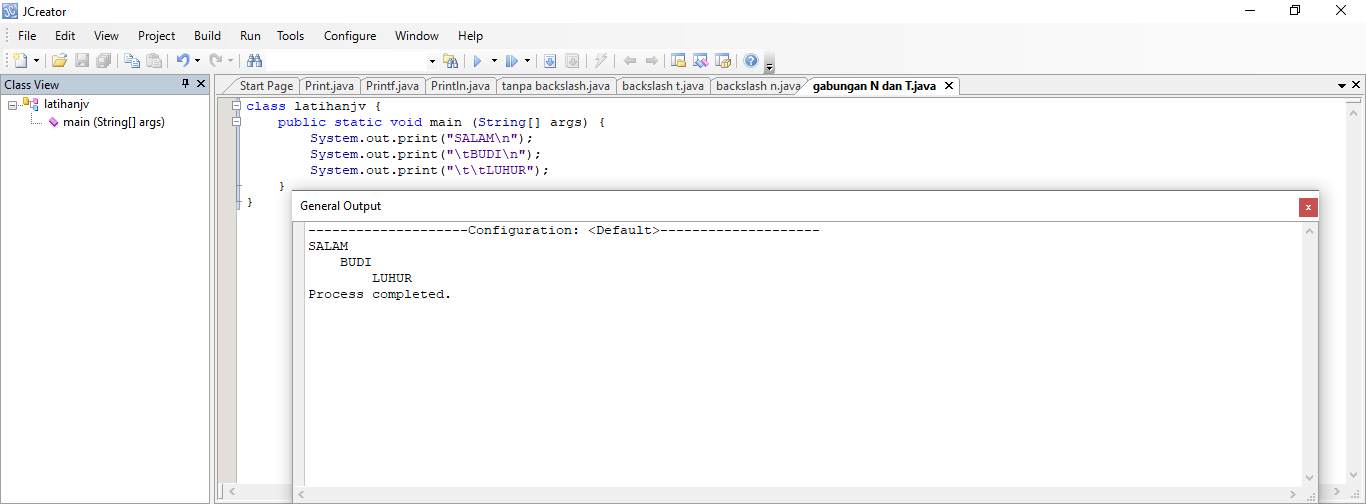 jCreator dalam Pemrograman JAVA: Fungsi Backslash \n dan \t dalam JAVA