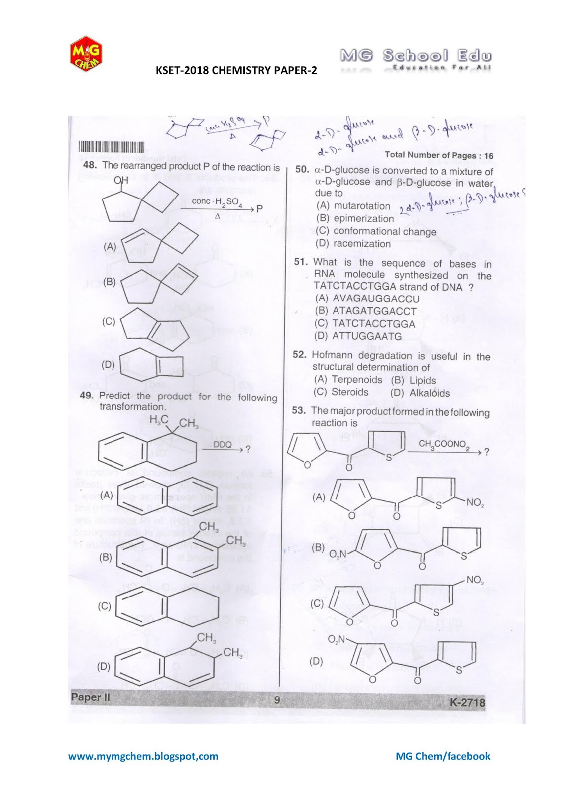 MG SCHOOL SCIENCE: KSET-2018 CHEMICAL SCIENCE QUESTION PAPER