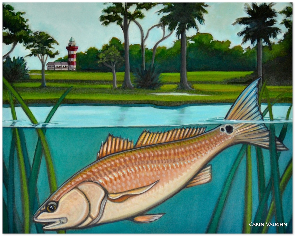 Girl With A Surfboard: Red Fish Painting