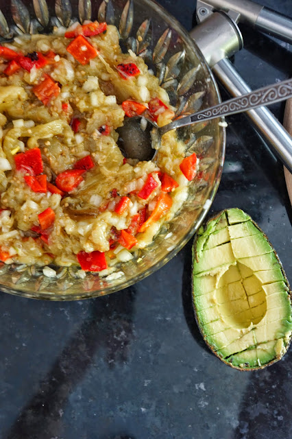 Avocado, eggplant and roasted red pepper salad
