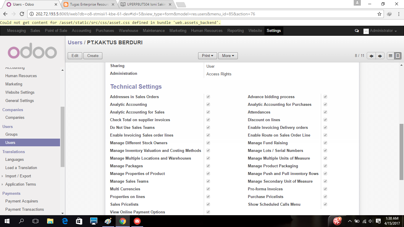 Konfigurasi Setting / Admin pada Odoo - SII