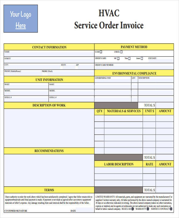 Free Hvac Forms Templates - Invoice Template