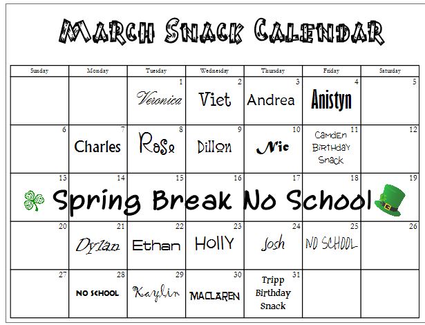 Mrs. Adams: March Snack Calendar