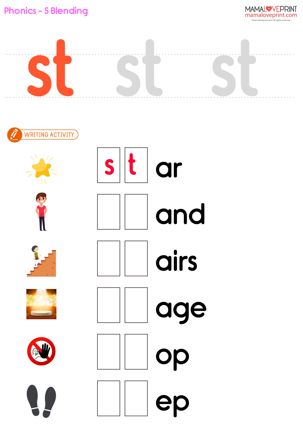 MamaLovePrint 自製工作紙 - Phonics Resources 英文拼音練習 S-Blend (sc , sk , sl ...