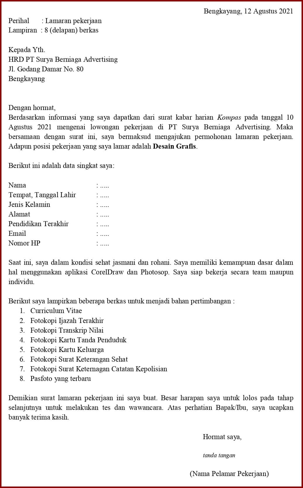 Contoh Surat Lamaran Kerja Untuk Desain Grafis (Fresh Graduate) - Tanpakoma