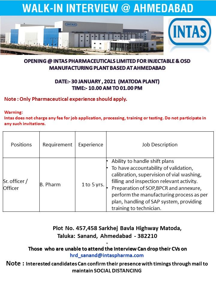 Intas Pharmaceuticals Limited - Walk-In Interviews on 30th Jan' 2021 ...