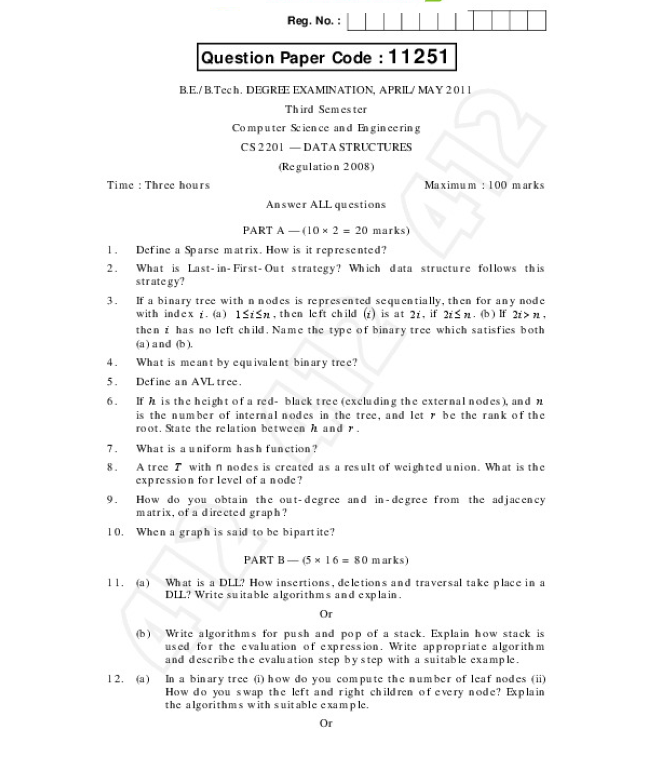 Cs2201 Data Structures April May 2011 Question Paper University Question Papers