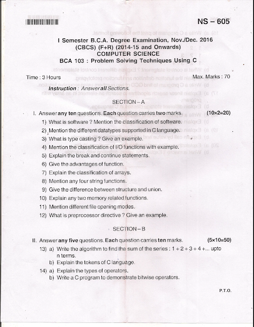 Bangalore University B C A Computer Science Bca 103 Problem Solving Techniques Using C
