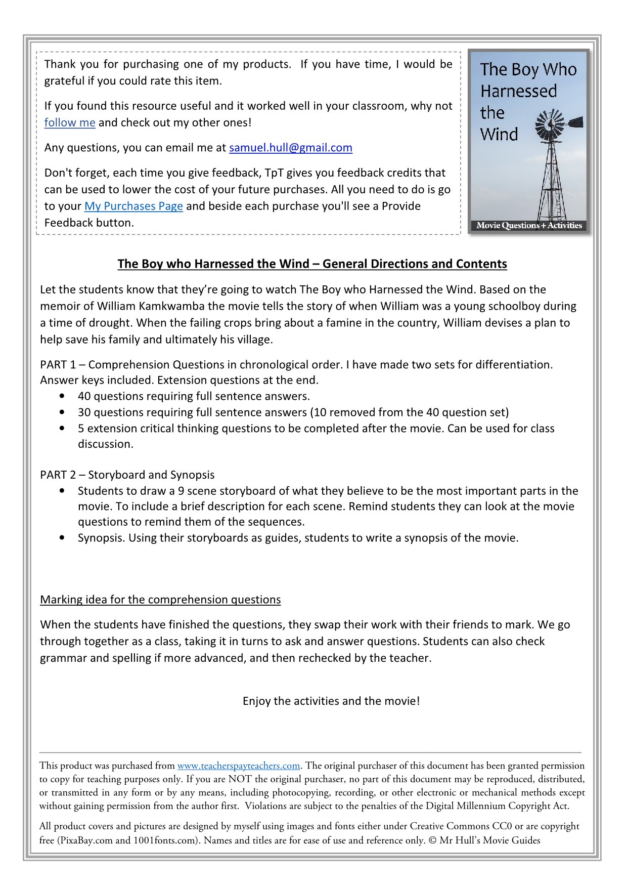 The Boy Who Harnessed the Wind + Activities - Answer Keys Included ...