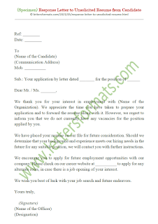 Sample Response Letter to Unsolicited Resume from Candidate