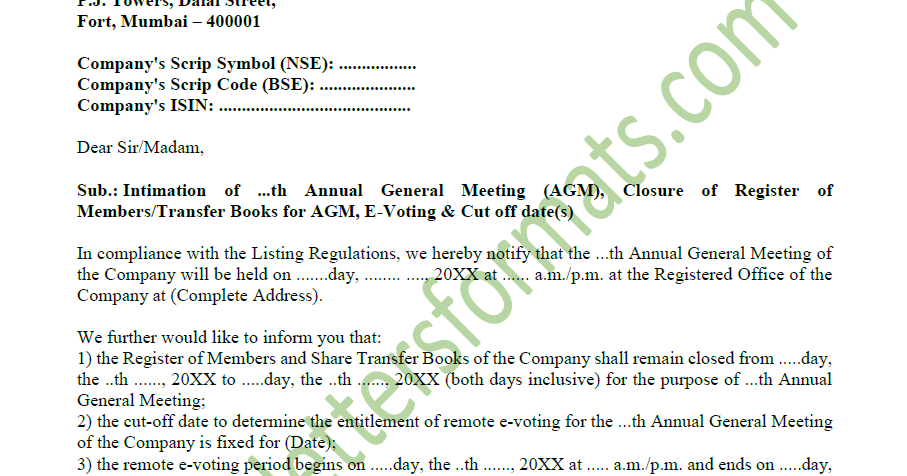 Write Letters online: Format of Intimation Letter to Stock Exchanges ...