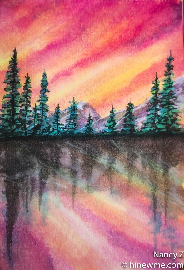 How to draw watercolor pink sunset step by step tutorial easy for begginer